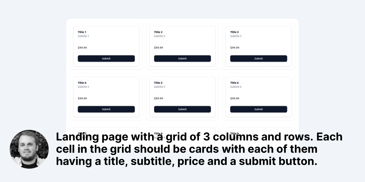 Landing page with a grid of 3 columns and rows. Each cell in the grid ...